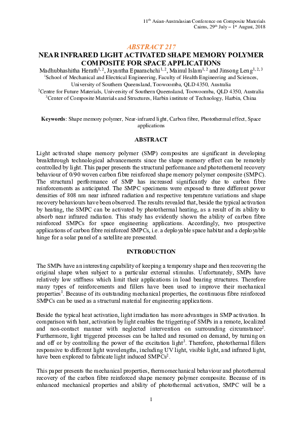 (PDF) Near Infrared Light Activated Shape Memory Polymer Composite for Space Applications