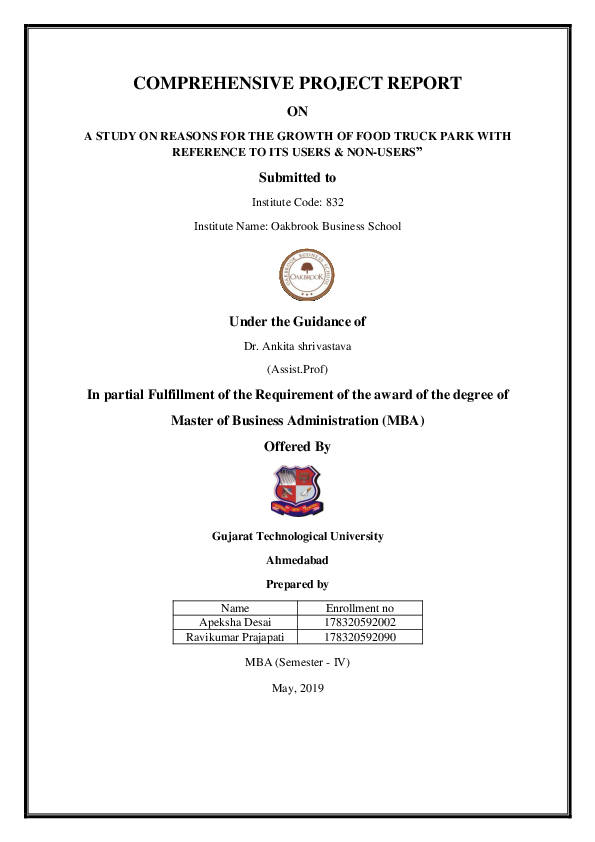 (PDF) COMPREHENSIVE PROJECT REPORT ON A STUDY ON REASONS FOR THE GROWTH OF FOOD TRUCK PARK WITH ...