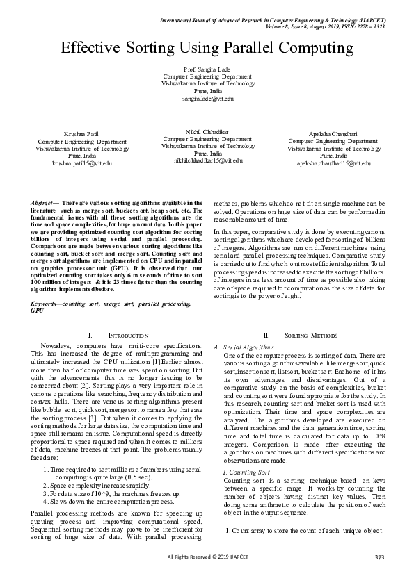 (PDF) Effective Sorting Using Parallel Computing