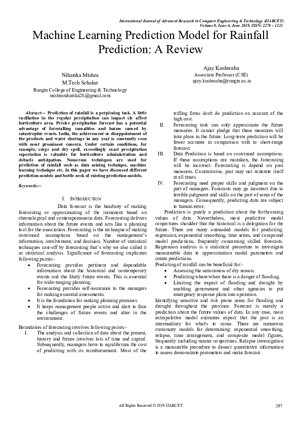 (PDF) Machine Learning Prediction Model for Rainfall Prediction: A Review