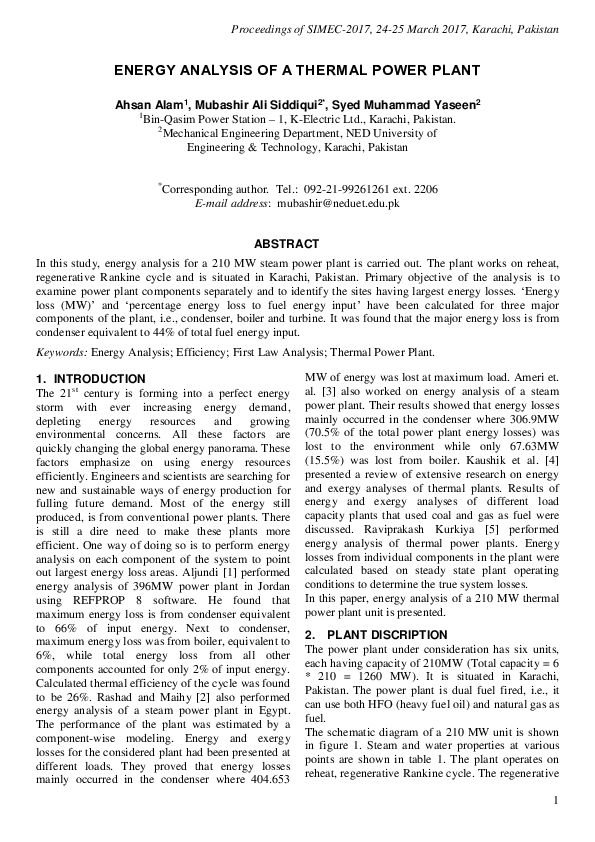 (PDF) ENERGY ANALYSIS OF A THERMAL POWER PLANT