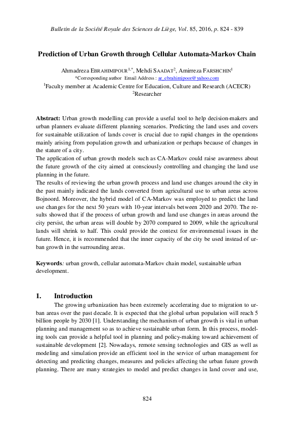(PDF) Prediction of Urban Growth through Cellular Automata-Markov Chain (PDF) Prediction of Urban Growth through Cellular Automata-Markov Chain