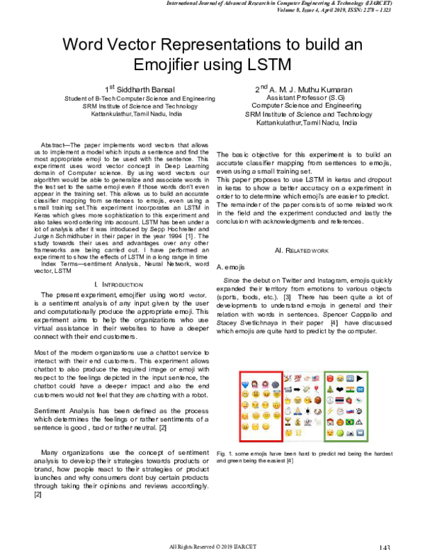 (PDF) Word Vector Representations to build an Emojifier using LSTM