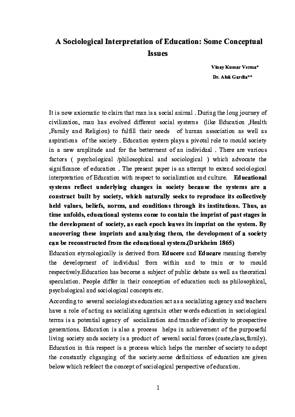 (PDF) A Sociological Interpretation of Education: Some Conceptual Issues