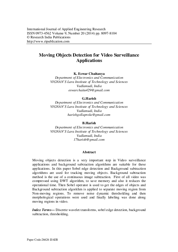 Pdf Moving Objects Detection For Video Surveillance Applications Harish Gollaprolu