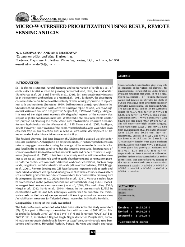 Pdf Micro Watershed Prioritization Using Rusle Remote Sensing And Gis