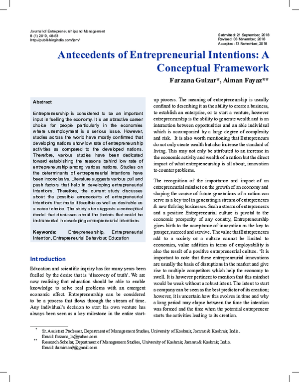 (PDF) Antecedents of Entrepreneurial Intentions: A Conceptual Framework