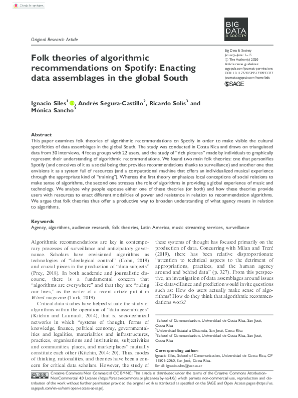 (PDF) Folk theories of algorithmic recommendations on Spotify: Enacting data assemblages in the ...