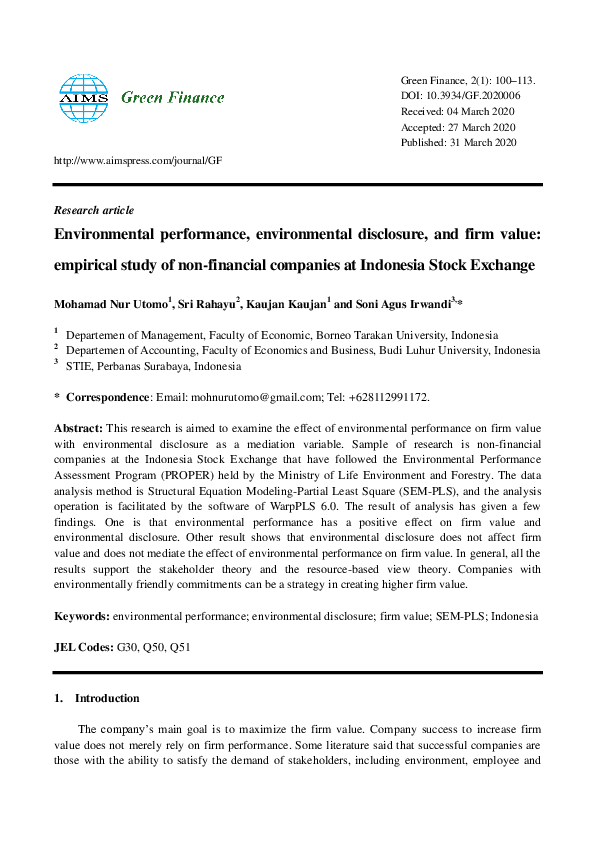 (PDF) Environmental performance, environmental disclosure, and firm value: empirical study of ...