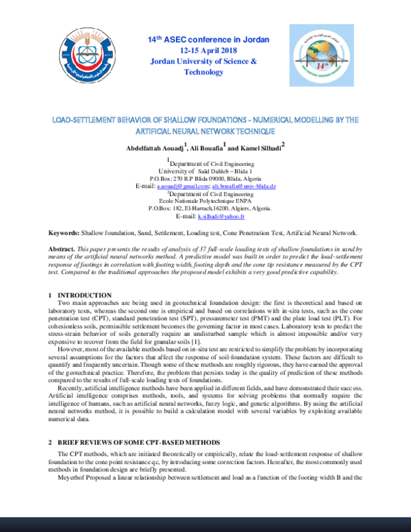 (PDF) LOAD-SETTLEMENT BEHAVIOR OF SHALLOW FOUNDATIONS -NUMERICAL MODELLING BY THE ARTIFICIAL ...