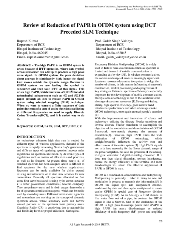Pdf Review Of Reduction Of Papr In Ofdm System Using Dct Preceded Slm