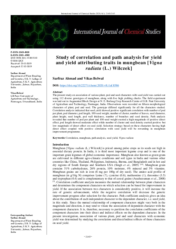 (PDF) Study of correlation and path analysis for yield and yield attributing traits in mungbean ...