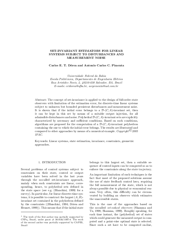 Pdf Set Invariant Estimators For Linear Systems Subject To Disturbances And Measurement Noise