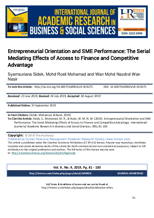 (PDF) Entrepreneurial Orientation and SME Performance: The Serial Mediating Effects of Access to ...