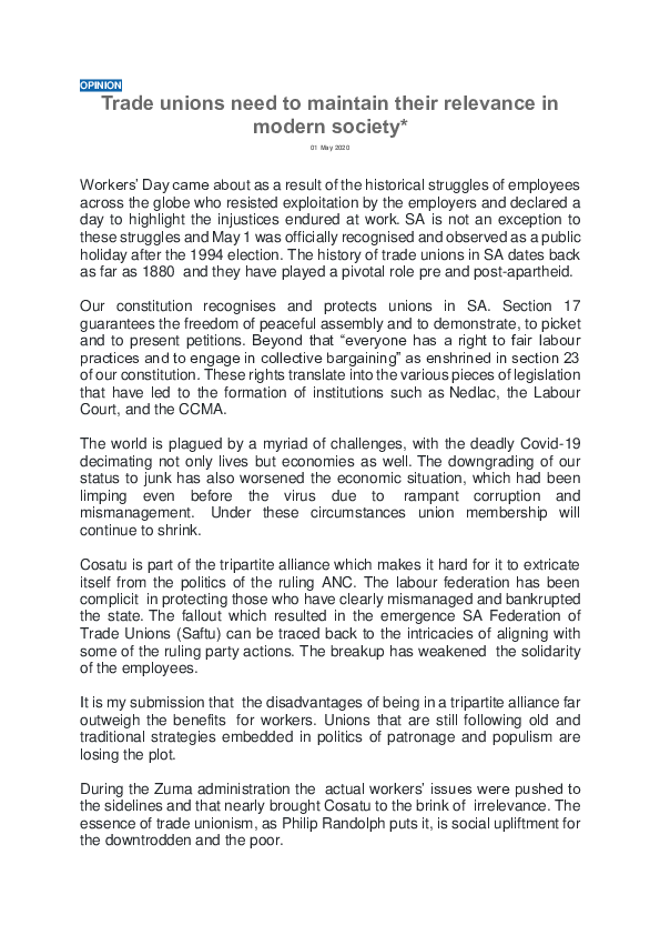 (PDF) Trade unions need to maintain their relevance in modern society