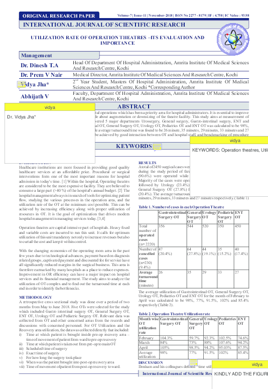 (PDF) UTILIZATION RATE OF OPERATION THEATRES -ITS EVALUATION AND IMPORTANCE