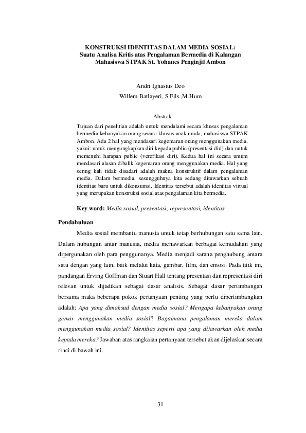 (PDF) KONSTRUKSI IDENTITAS DALAM MEDIA SOSIAL: Suatu Analisa Kritis ...