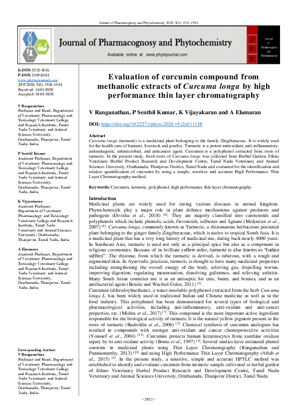 (PDF) Evaluation of curcumin compound from methanolic extracts of Curcuma longa by high ...
