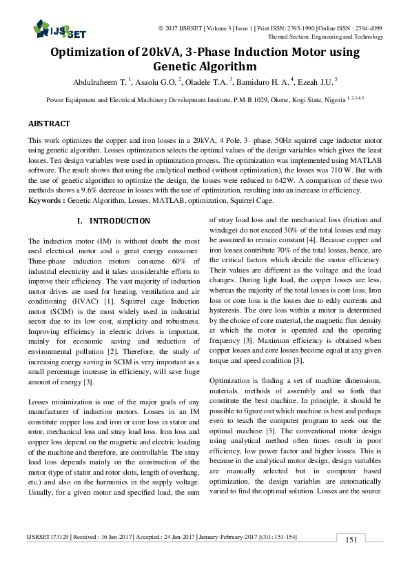 Pdf Ijsrset173129 Optimization Of 20kva 3 Phase Induction Motor Using Genetic Algorithm