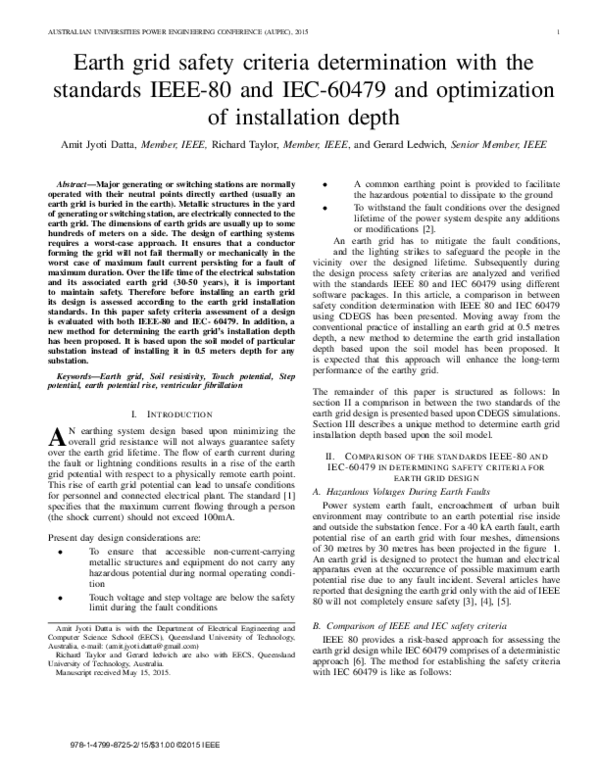 (PDF) Earth grid safety criteria determination with the standards IEEE ...