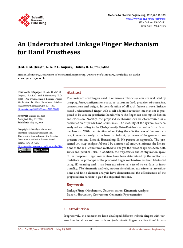(PDF) An Underactuated Linkage Finger Mechanism for Hand Prostheses