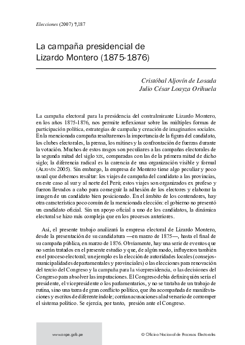 (PDF) La campaña presidencial de Lizardo Montero: 1875 - 1876