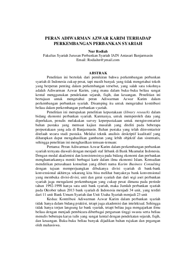 (PDF) PERAN ADIWARMAN AZWAR KARIM TERHADAP PERKEMBANGAN PERBANKAN SYARIAH