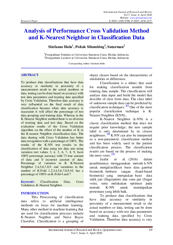 (PDF) Analysis of Performance Cross Validation Method and K-Nearest Neighbor in Classification Data