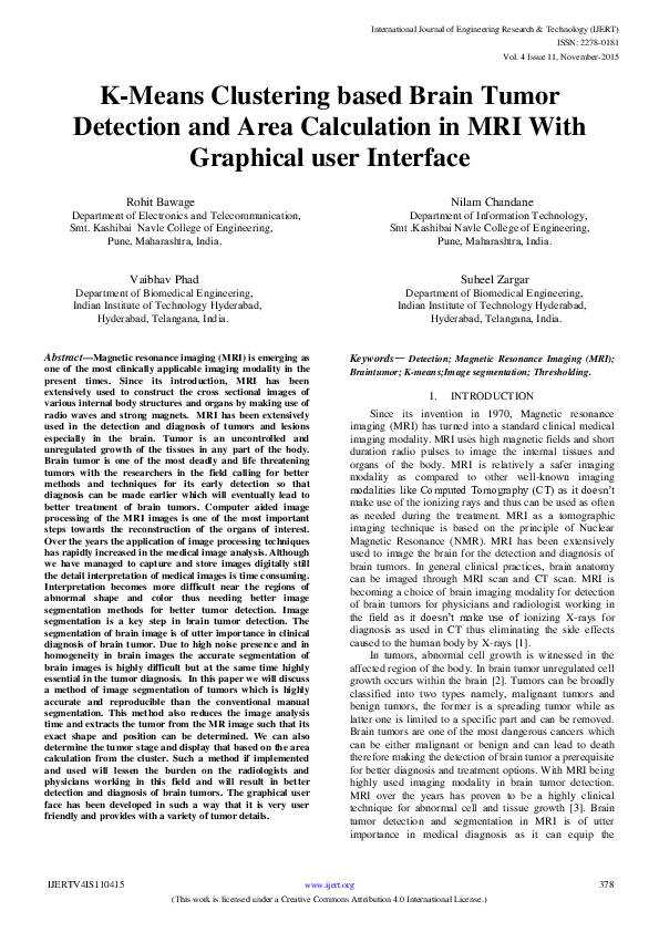 Pdf Ijert K Means Clustering Based Brain Tumor Detection And Area Calculation In Mri With
