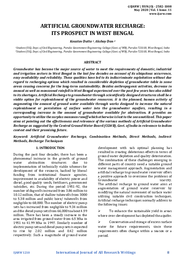 (PDF) ARTIFICIAL GROUNDWATER RECHARGE: ITS PROSPECT IN WEST BENGAL ...