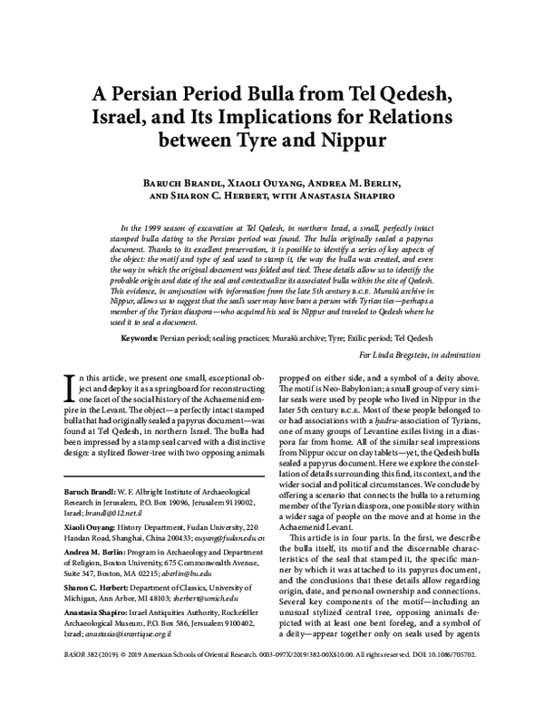(PDF) A Persian Period Bulla from Tel Qedesh, Israel, and Its ...