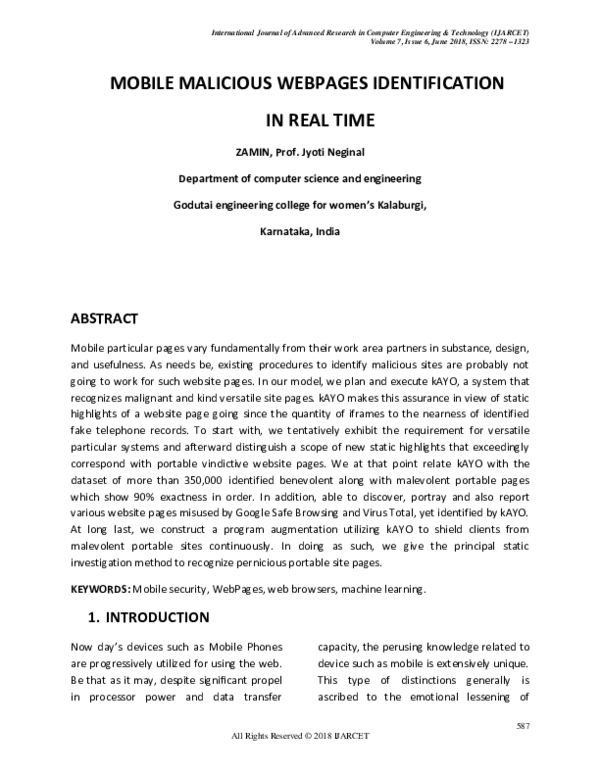 Pdf Mobile Malicious Webpages Identification In Real Time International Journal Of Advanced