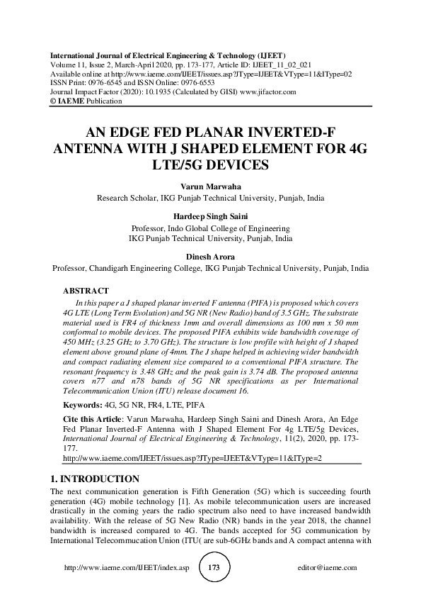 (PDF) AN EDGE FED PLANAR INVERTED-F ANTENNA WITH J SHAPED ELEMENT FOR 4G LTE/5G DEVICES