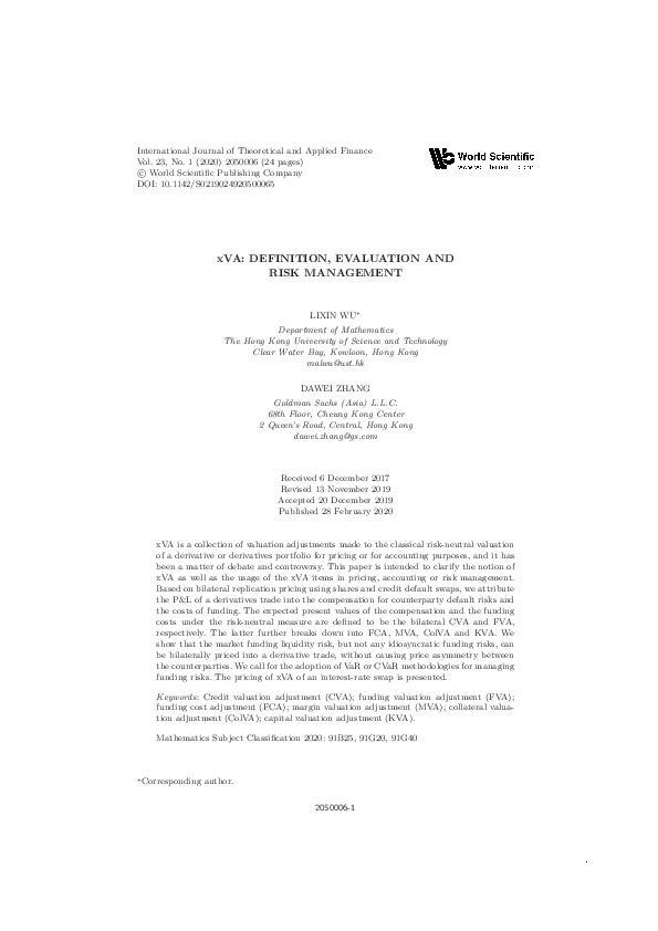 (PDF) xVA: DEFINITION, EVALUATION AND RISK MANAGEMENT