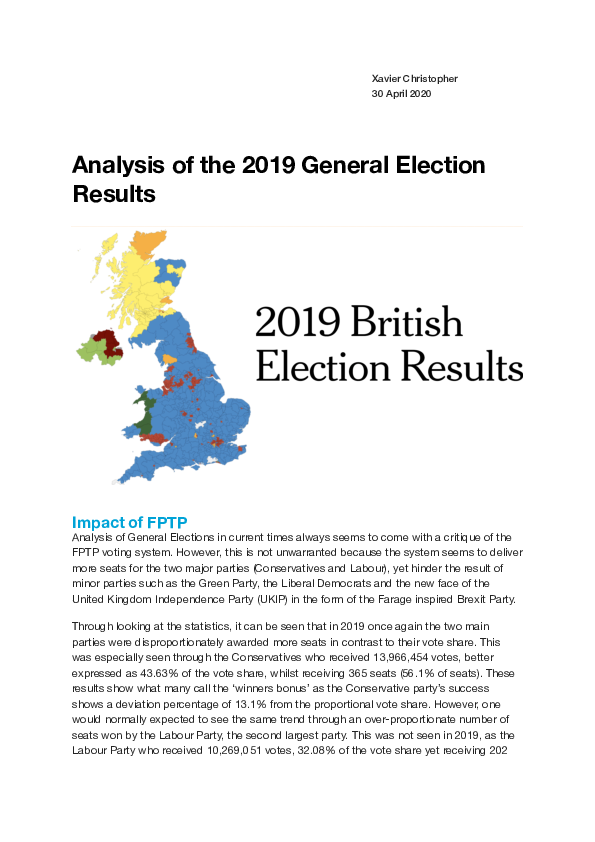 (PDF) Analysis of the 2019 General Election Results and the Impact of FPTP