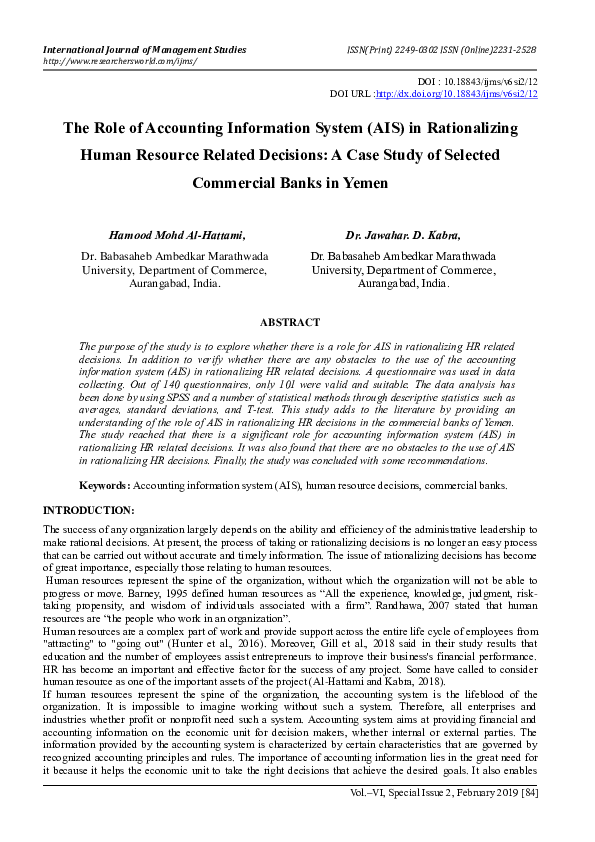 (PDF) The Role of Accounting Information System (AIS) in Rationalizing ...