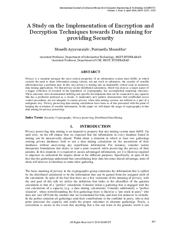 (PDF) A Study on the Implementation of Encryption and Decryption Techniques towards Data mining ...