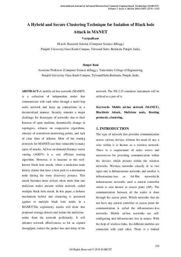 (PDF) A Hybrid and Secure Clustering Technique for Isolation of Black hole Attack in MANET