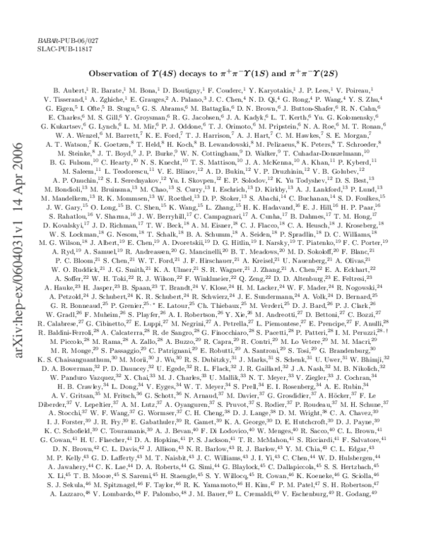 (PDF) Observation of $\Upsilon(4S) decays to$\pi^+pi^-\Upsilon(1S)$ and ...