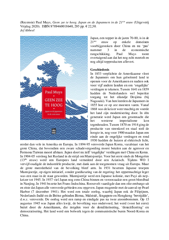 (PDF) Jef Abbeel (Recensie) Paul Muys, Geen zee te hoog. Japan en de ...