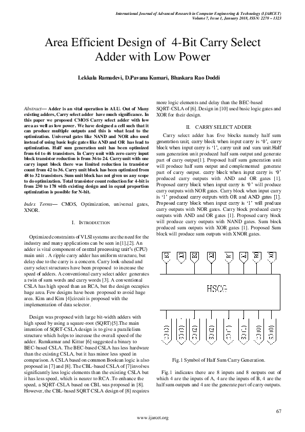 (PDF) Area Efficient Design of 4-Bit Carry Select Adder with Low Power