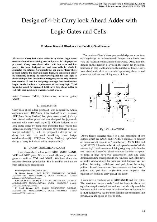 (PDF) Design of 4-bit Carry look Ahead Adder with Logic Gates and Cells