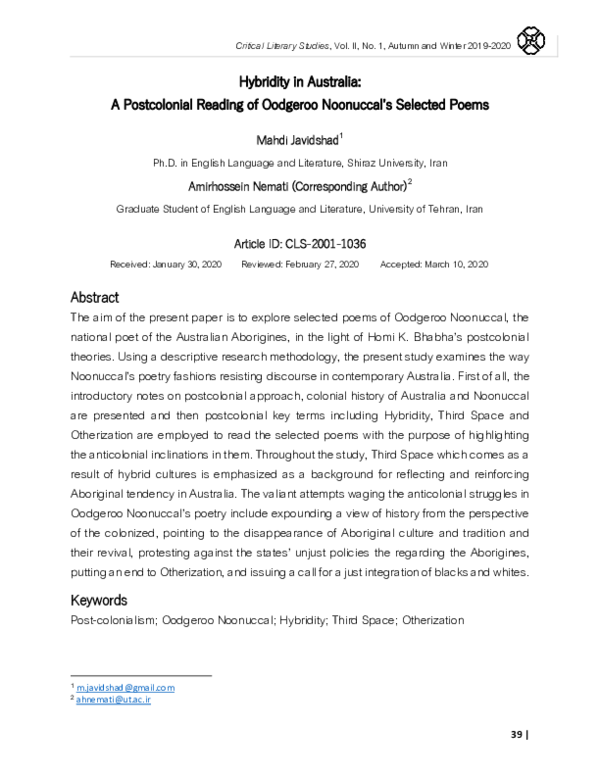 (PDF) Hybridity in Australia: A Postcolonial Reading of Oodgeroo ...