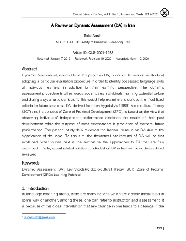 (PDF) A Review on Dynamic Assessment (DA) in Iran