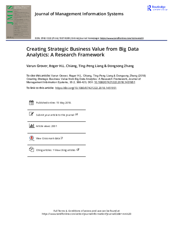 Pdf Creating Strategic Business Value From Big Data Analytics A Research Framework