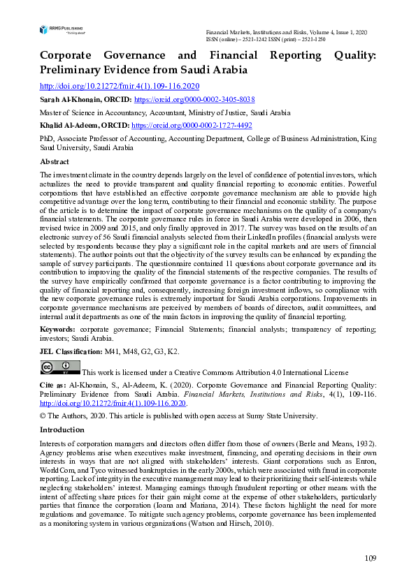 (PDF) Corporate Governance and Financial Reporting Quality: Preliminary Evidence from Saudi Arabia