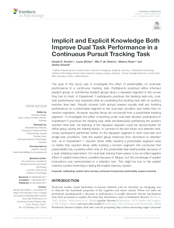 Pdf Implicit And Explicit Knowledge Both Improve Dual Task Performance In A Continuous Pursuit