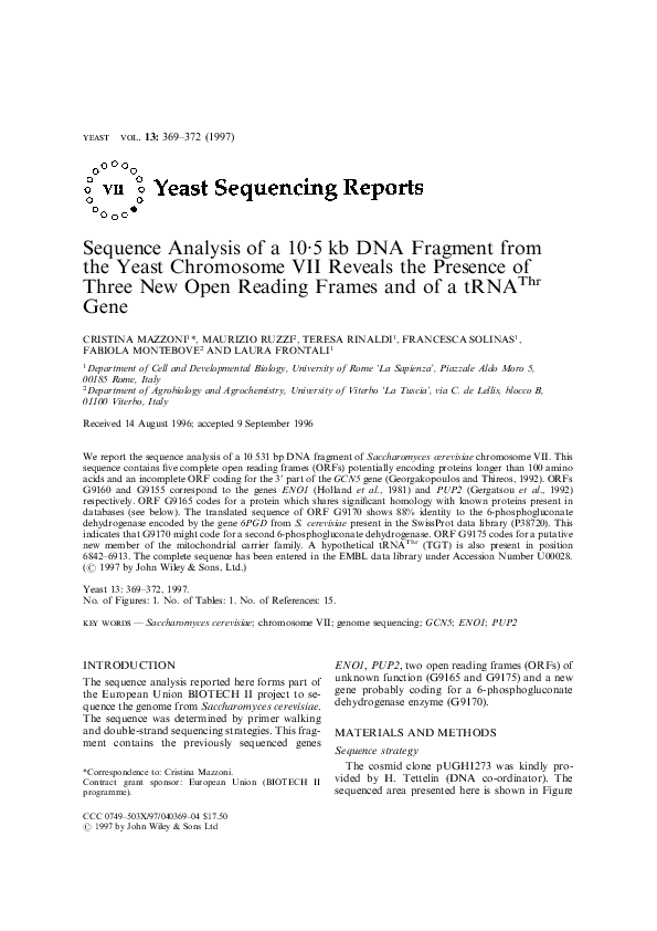 Pdf Sequence Analysis Of A 10·5 Kb Dna Fragment From The Yeast