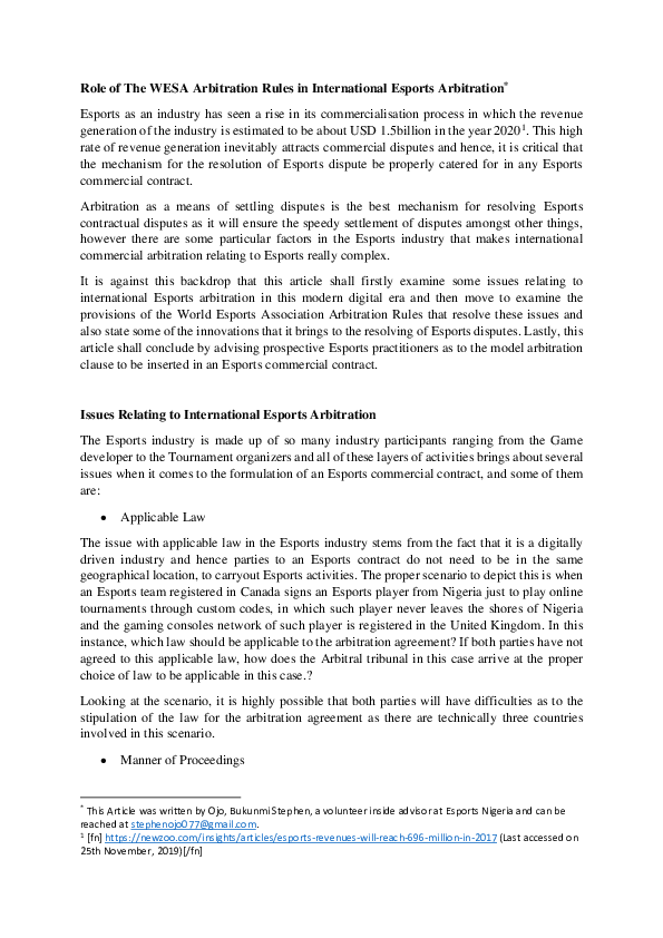 (PDF) Role of The WESA Arbitration Rules in International Esports ...