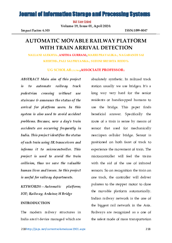(PDF) AUTOMATIC MOVABLE RAILWAY PLATFORM WITH TRAIN ARRIVAL DETECTION